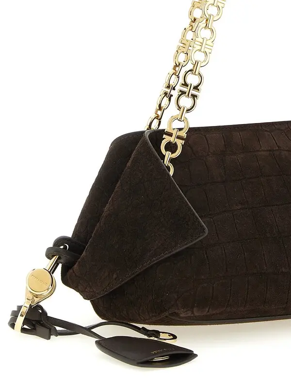FERRAGAMO Croc Effect Suede Shoulder Bag - Brown