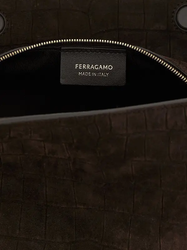FERRAGAMO Croc Effect Suede Shoulder Bag - Brown