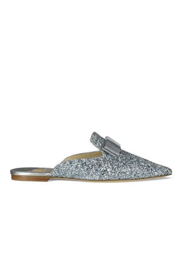 JIMMY CHOO Glitter Pointed Toe Mules With Bow Detailing - Silver