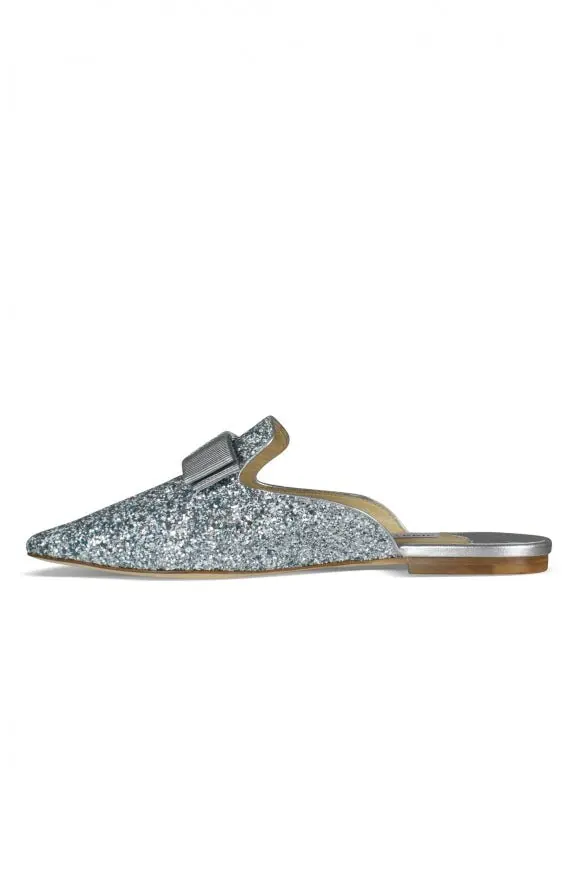 JIMMY CHOO Glitter Pointed Toe Mules With Bow Detailing - Silver