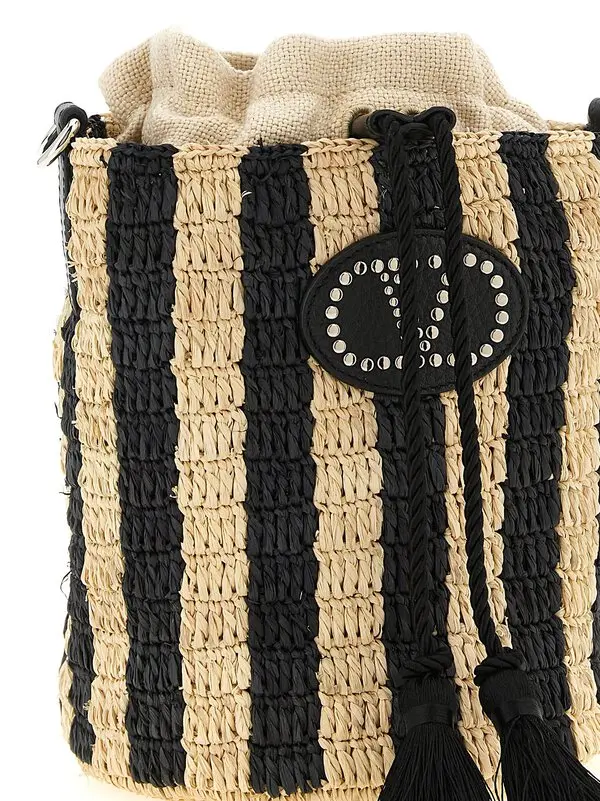 Valentino Garavani Small Raffia Bucket Bag With Studded Vlogo Signature - Black