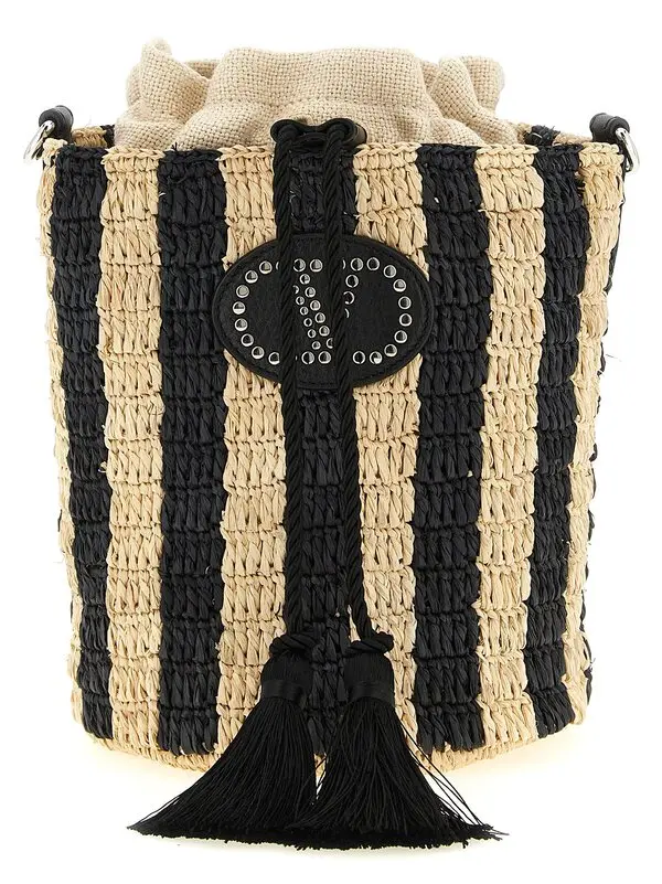 Valentino Garavani Small Raffia Bucket Bag With Studded Vlogo Signature - Black