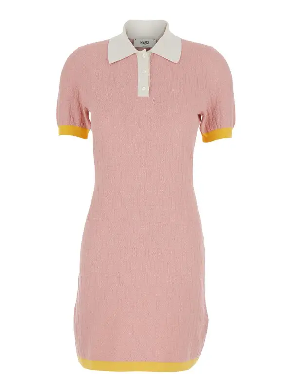 Fendi Pink Cotton And Silk Blend Knit Dress With Classic Collar - Multicolor