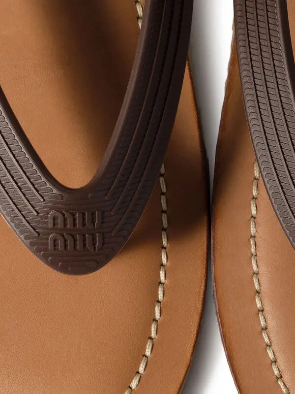 Miu Miu Padded Thong Sandals With Logo Embellishment - Brown