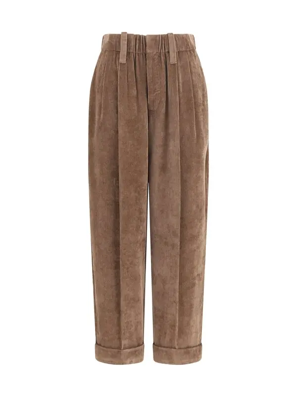 Brunello Cucinelli White Tech Fabric Pleated Relaxed Fit Pants - Brown