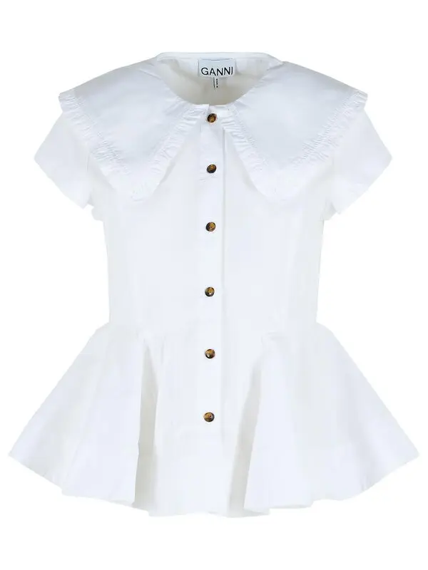 GANNI Cotton Shirt With Wide Rounded Collar And Short Sleeves - White