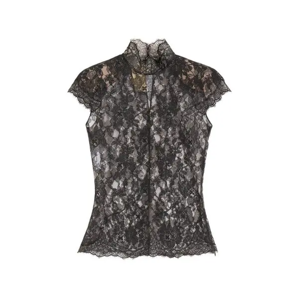 Valentino Garavani Lace Top With Padded Shoulders And Scalloped Hem - Black