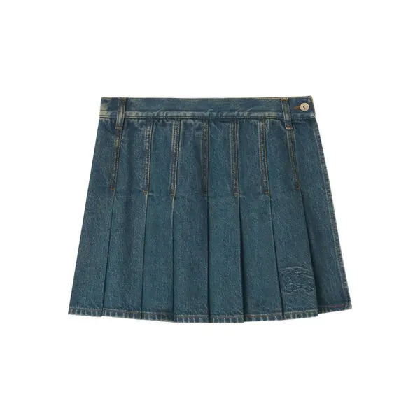 Burberry Pleated Denim Skirt With Embroidered Logo - Blue
