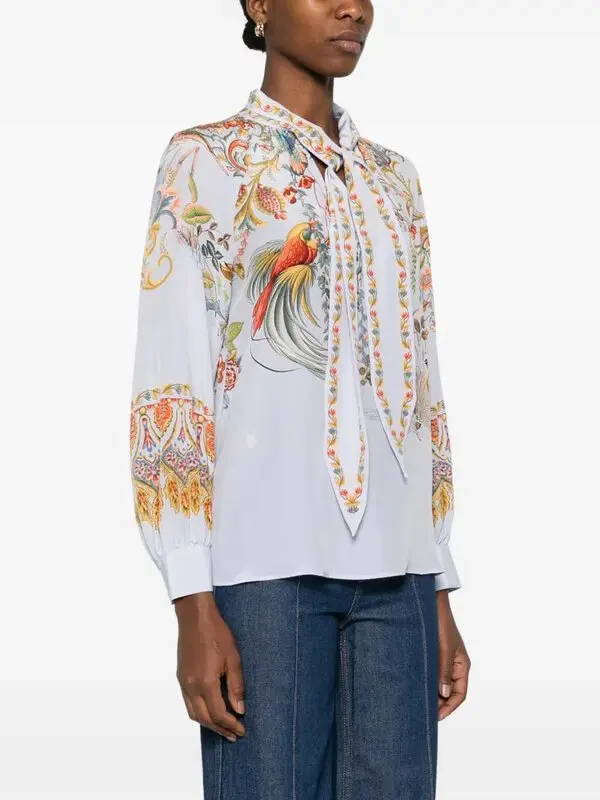 Etro Bird Print Silk Blouse With Tie Collar