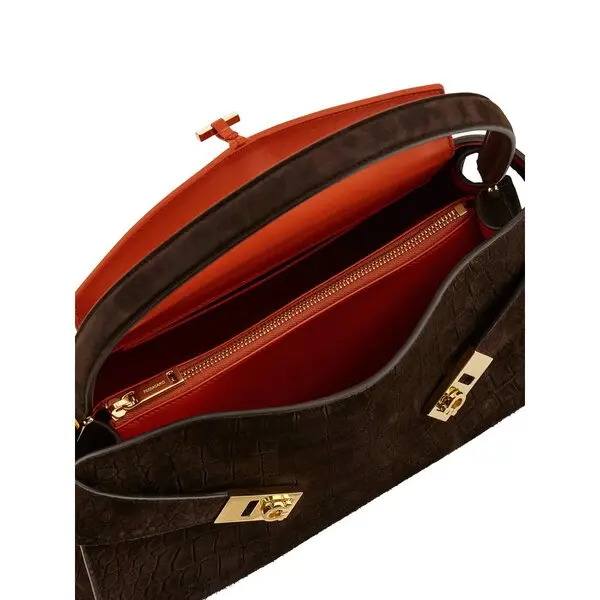 FERRAGAMO Soft Hug Bag In Printed Suede - Brown