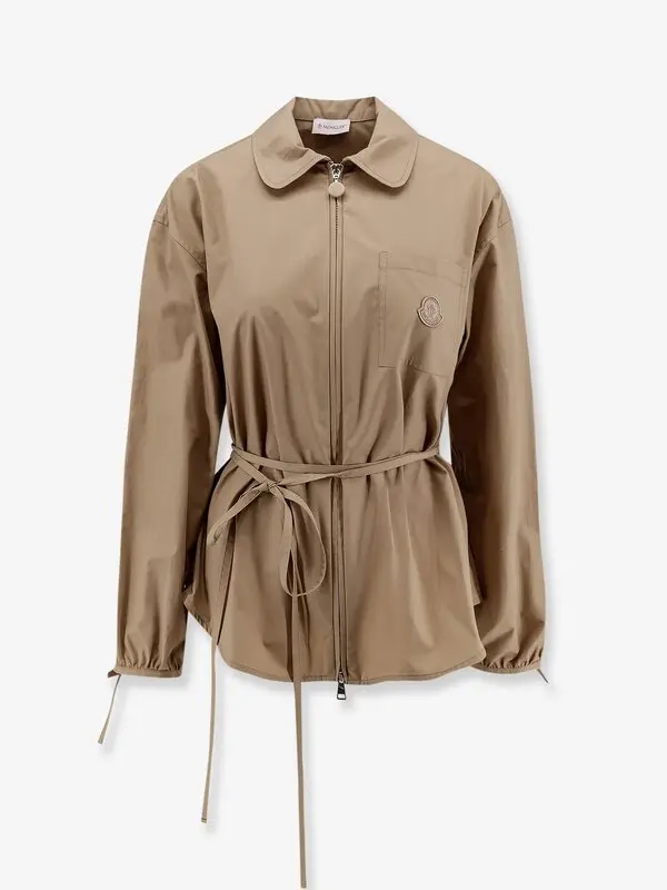 Moncler Cotton Shirt Jacket With Embroidered Logo And Drawstring Waist - Cream