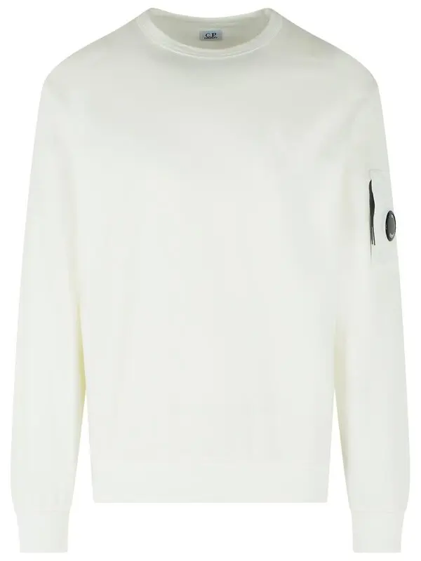 C.P. COMPANY Cotton Crew Neck Sweater With Zip Sleeve Pocket And Lens Appliqu - White