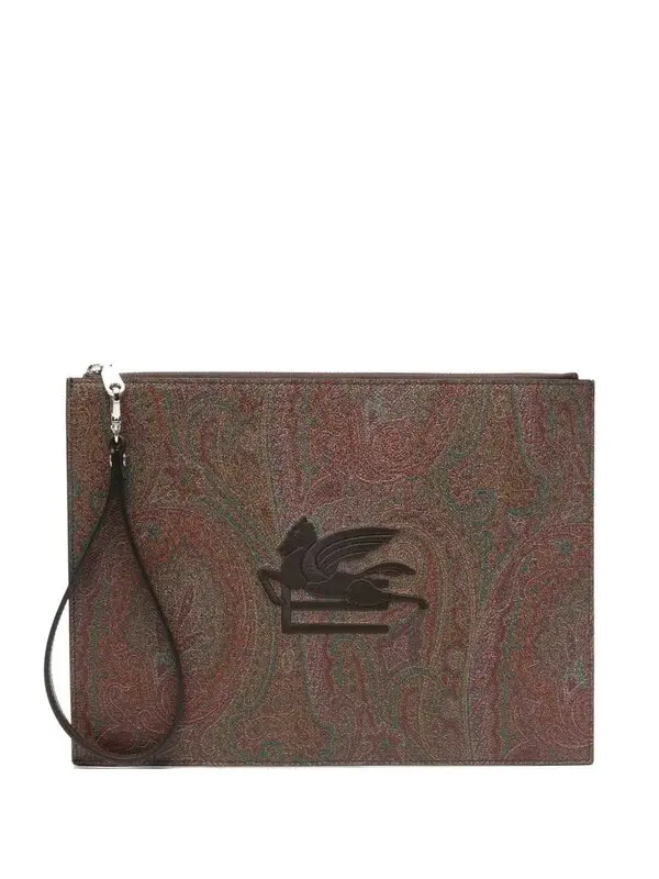 Etro Clutch Bag With Embroidered Logo And Paisley Print - Brown