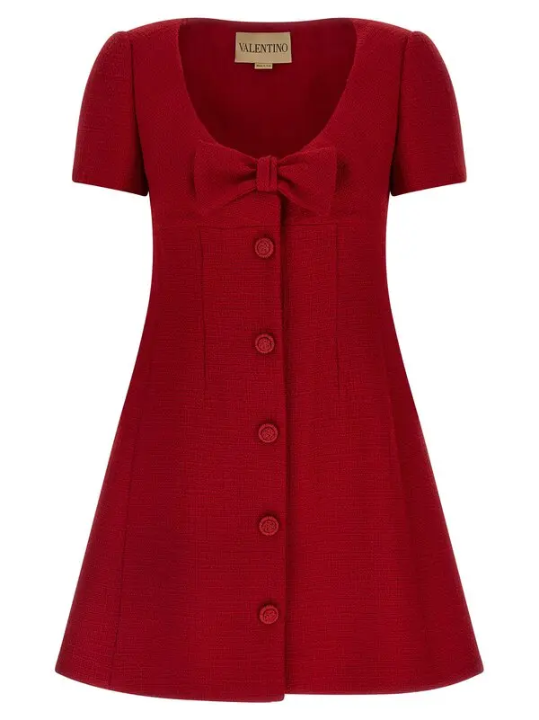 Valentino Garavani Plain Wool Tweed Mini Dress With Bow Detail - Red