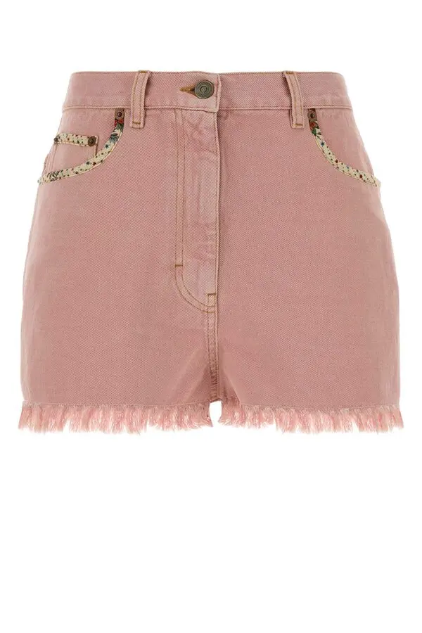 Valentino Garavani Denim Shorts With Frayed Hem And Floral Accents - Pink