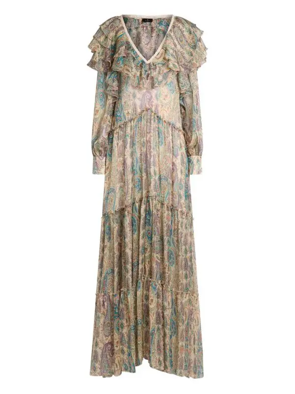 Etro Long Silk Dress With Paisley Print And Ruffled Details - Multicolor