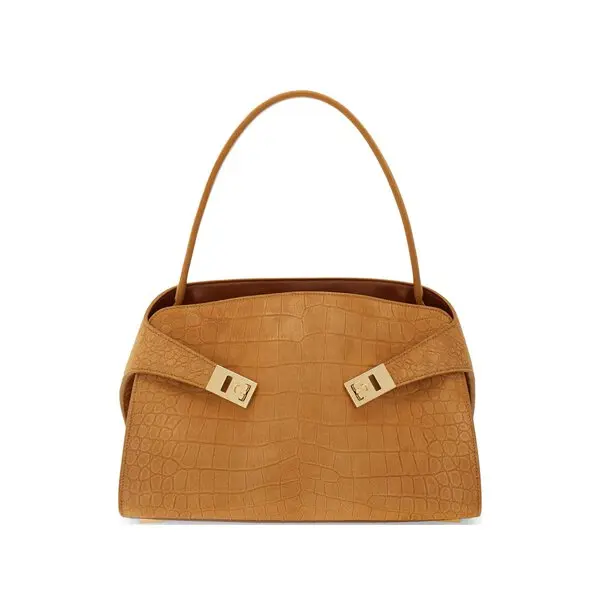 FERRAGAMO Soft Hug Alligator-print Suede Shoulder Bag - Cream