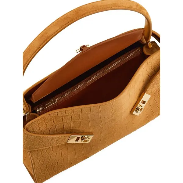 FERRAGAMO Soft Hug Alligator-print Suede Shoulder Bag - Cream