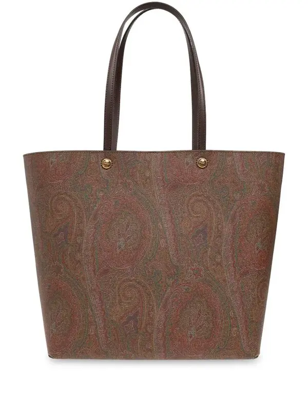 Etro Paisley Print Leather Trimmed Tote Bag - Brown