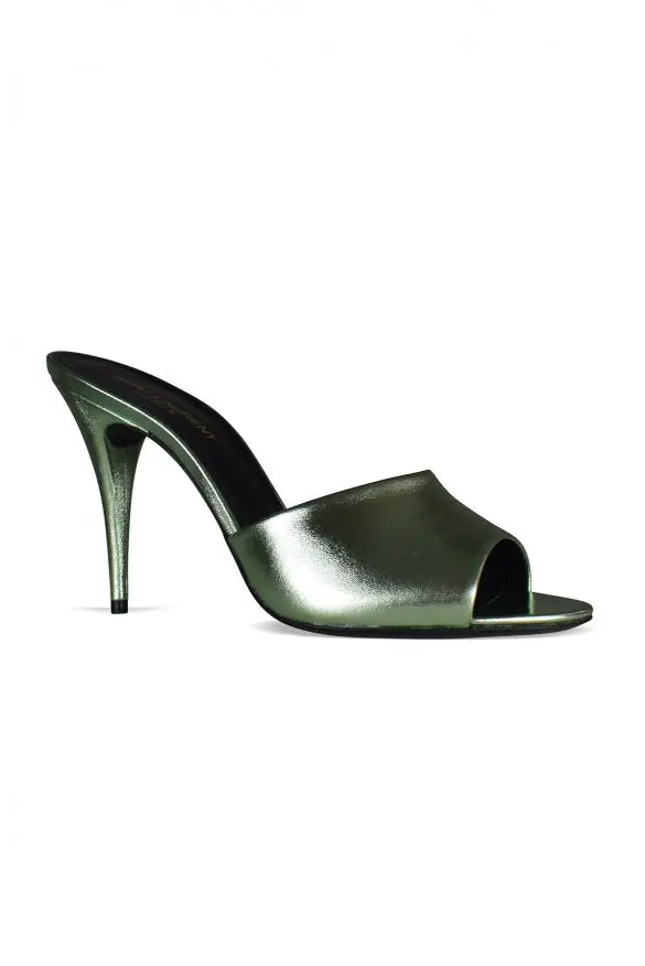 Saint Laurent La 16 Metallic Leather Mules - Green
