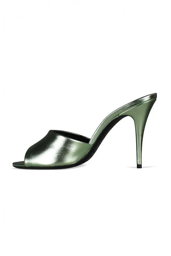 Saint Laurent La 16 Metallic Leather Mules - Green