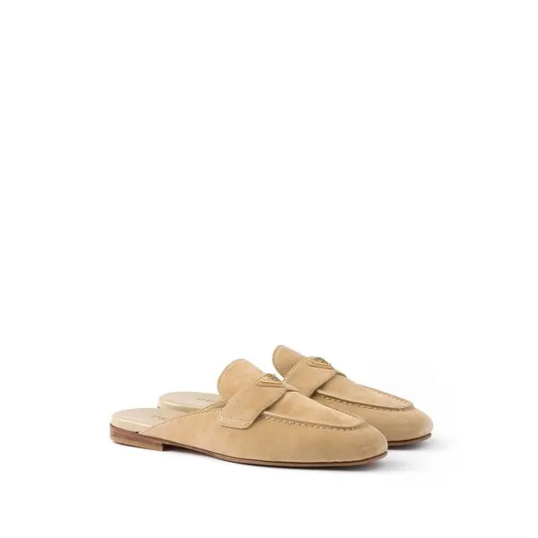 Prada Suede Slip-on Mules With Enamel Triangle Logo - Cream