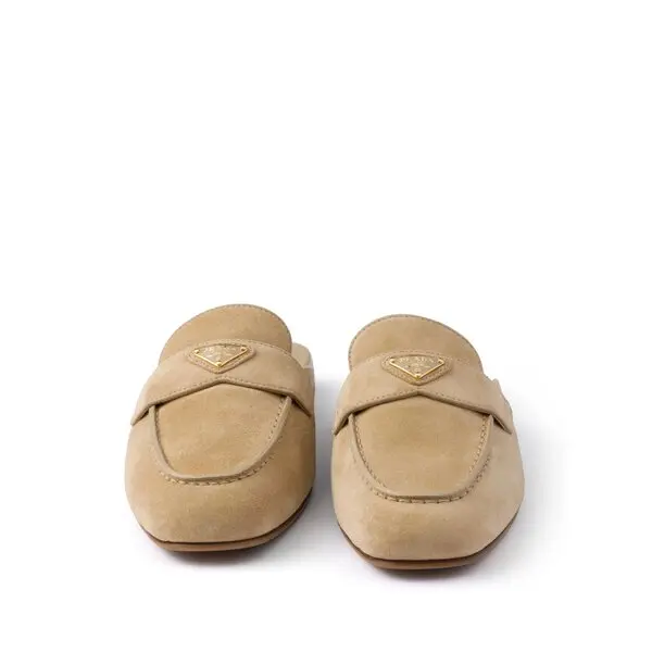 Prada Suede Slip-on Mules With Enamel Triangle Logo - Cream