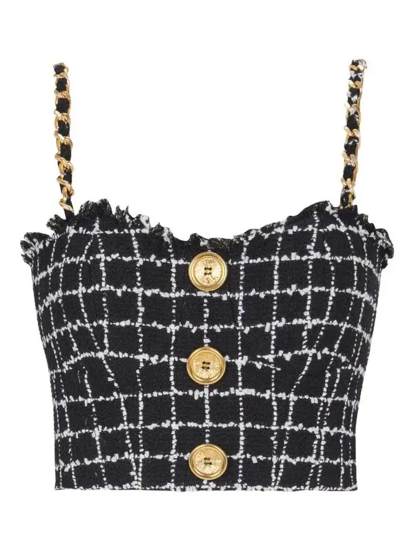 Balmain Tweed Top With Chain Shoulder Straps