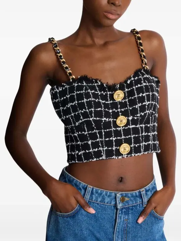 Balmain Tweed Top With Chain Shoulder Straps