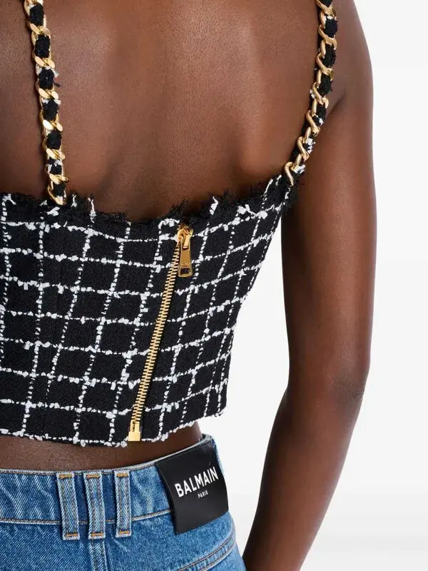 Balmain Tweed Top With Chain Shoulder Straps