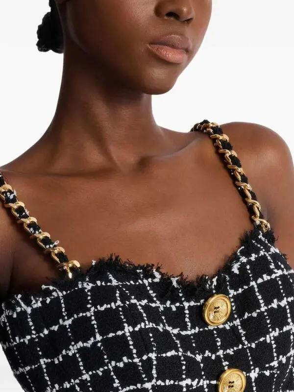 Balmain Tweed Top With Chain Shoulder Straps