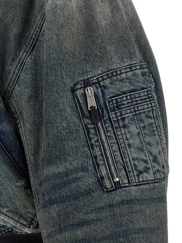 Balenciaga Bomber Standard" Denim Jacket With "3b Taped" Embroidery - Gray