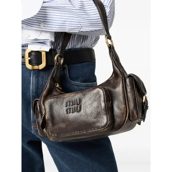 Miu Miu Nappa Leather Shoulder Bag With Embossed Logo - Brown