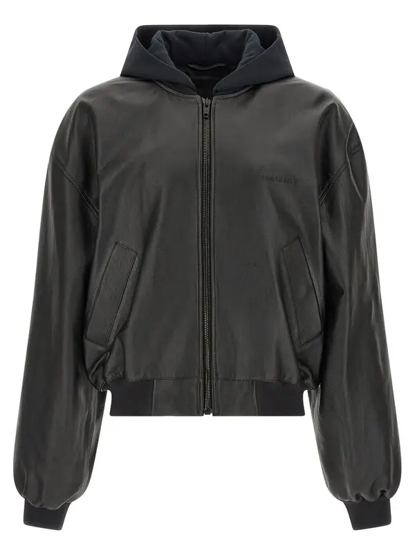 Balenciaga Salon De Couture" Leather Bomber Jacket With Hood - Black