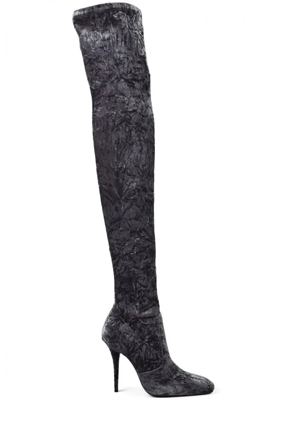 Saint Laurent Talia Velvet Thigh-high Stiletto Boots - Gray