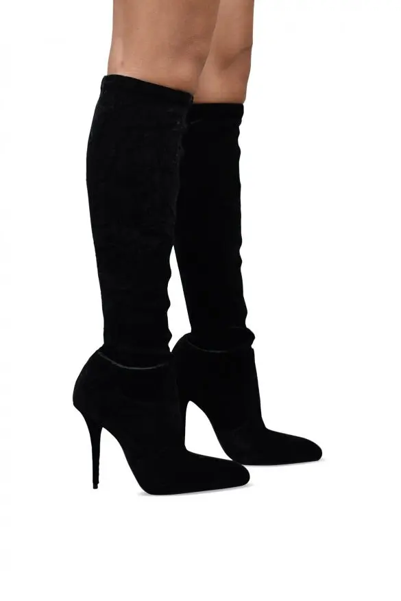 Saint Laurent Talia Velvet Over The Knee Boots - Black