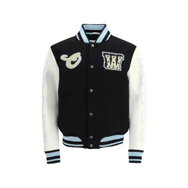 Off-White Varsity Bomber Jacket With Leather Sleeves - Black