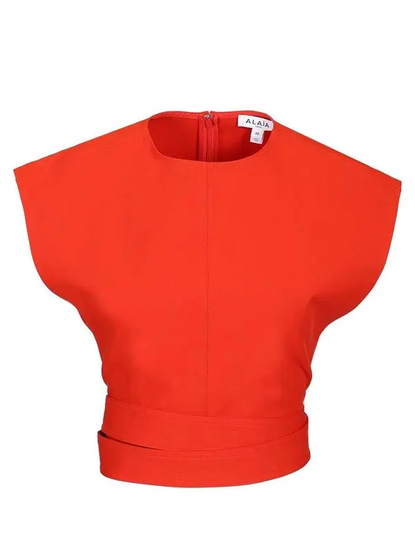 Alaïa Cropped Cotton Gabardine Top With Belt - Red