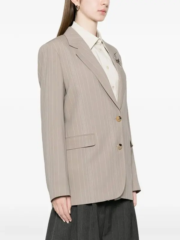 GOLDEN GOOSE Oversized Wool Blend Pinstripe Blazer With Brooch - Multicolor