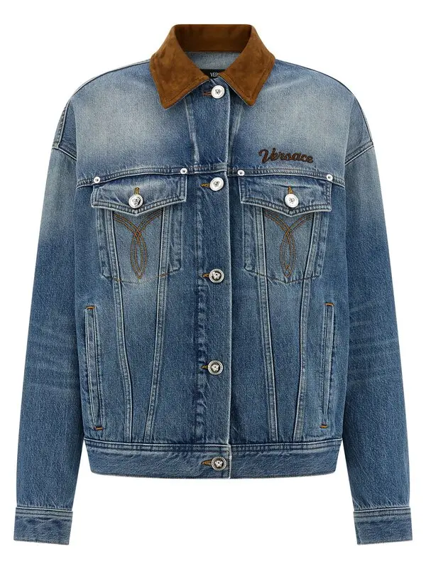 Versace Trucker Denim Jacket With Suede Collar - Blue