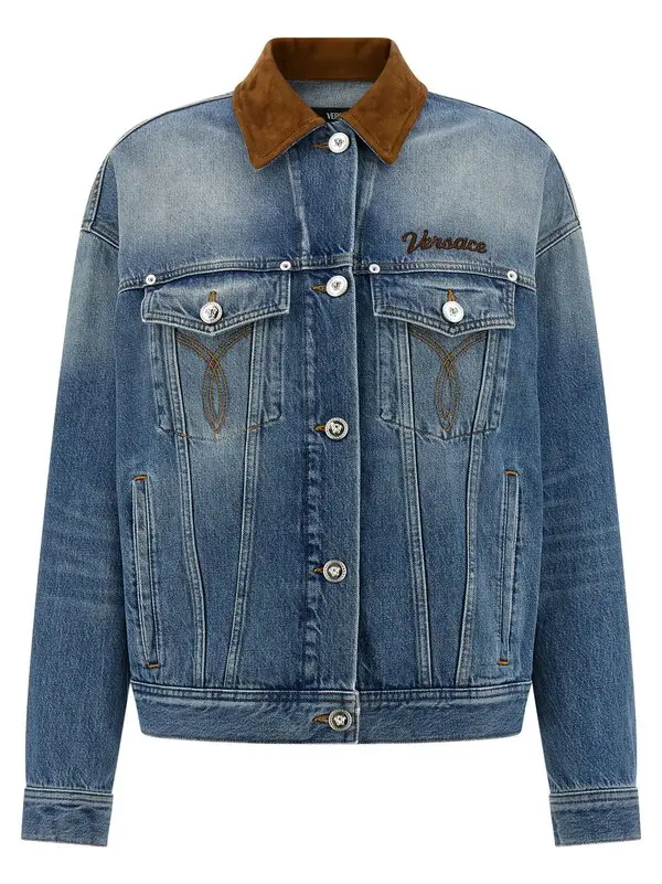 Versace Trucker Denim Jacket With Suede Collar
