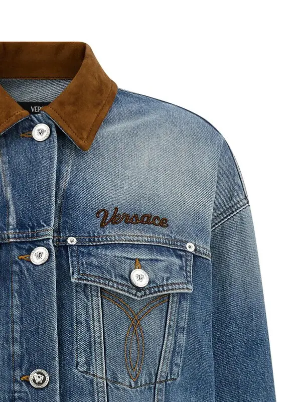 Versace Trucker Denim Jacket With Suede Collar