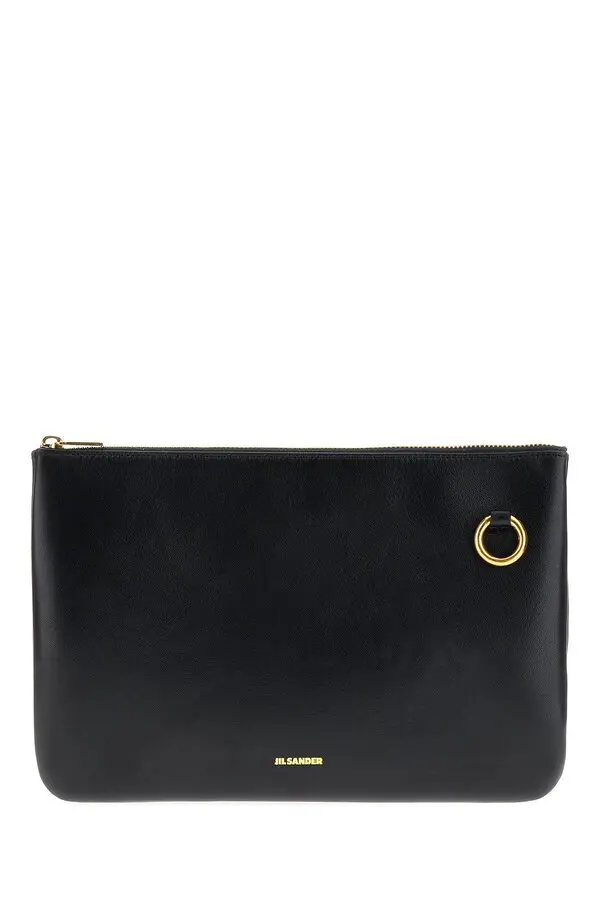 JIL SANDER Black Leather Pouch With Gold Tone Hardware - Multicolor