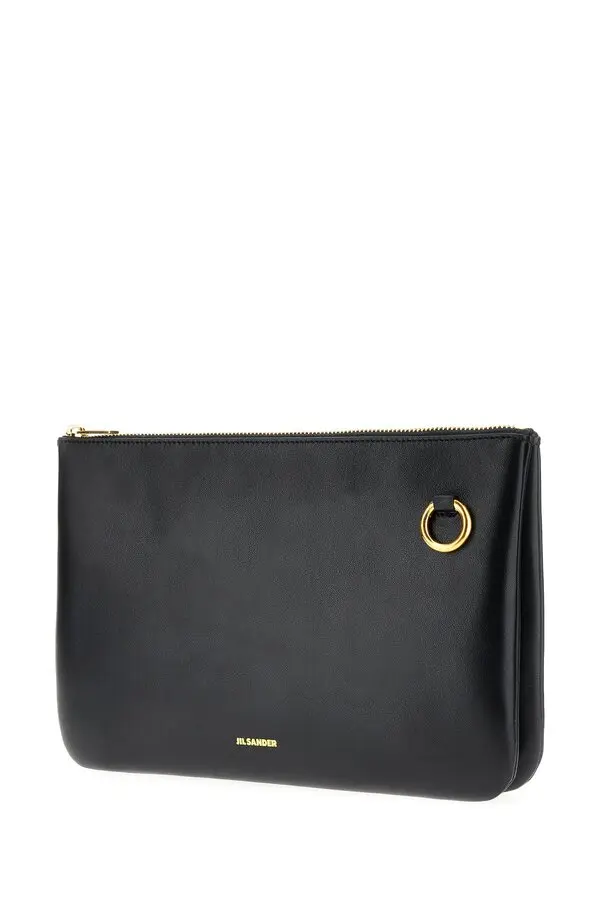 JIL SANDER Black Leather Pouch With Gold Tone Hardware - Multicolor