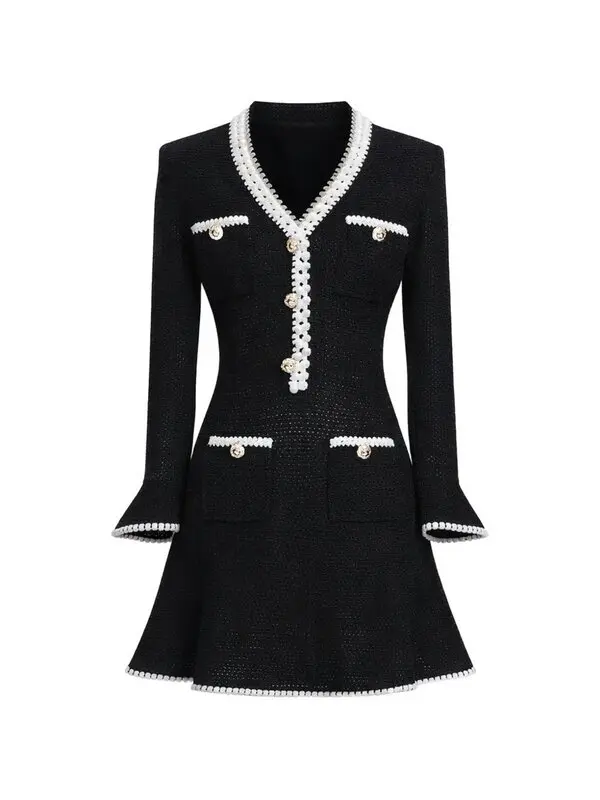 SELF-PORTRAIT Knit Mini Dress With Lace And Gold Button Detail