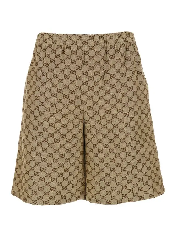 Gucci Beige Gg Motif Linen Blend Bermuda Shorts - Multicolor