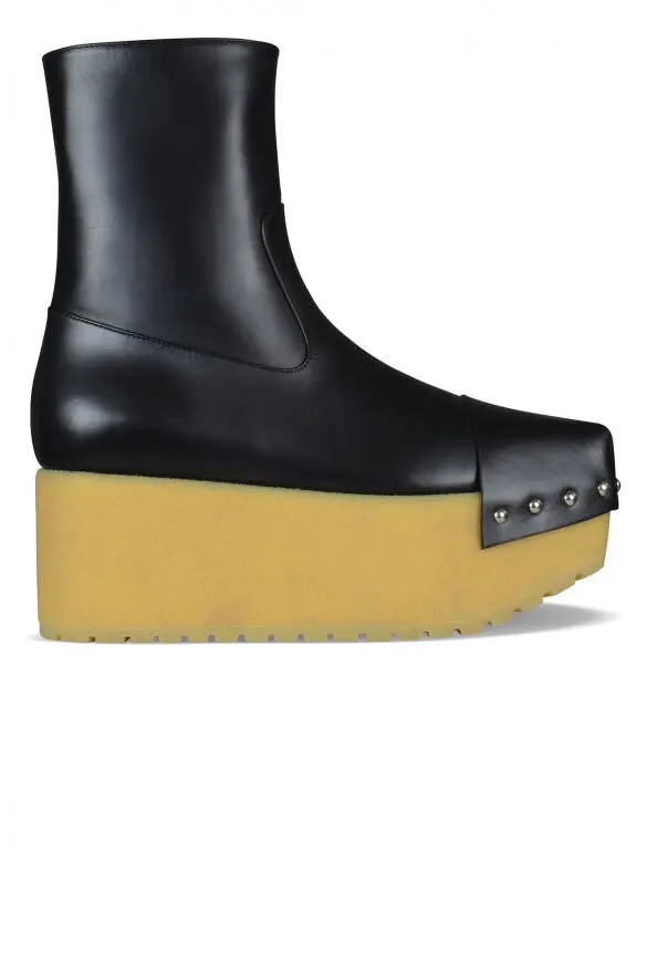 Moncler Leather Ankle Boots With Studded Square Toe And Wedge Sole - Black