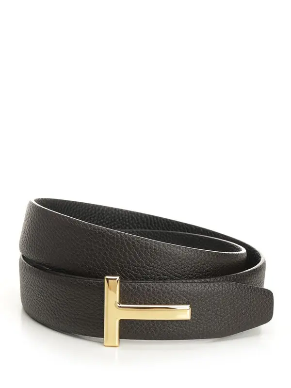 TOM FORD Reversible Leather Belt With T Monogram Buckle - Black