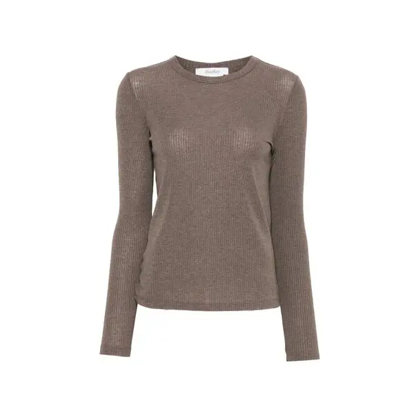 Max Mara Short Sleeve Crewneck T-shirt With Embroidered Pocket - Brown