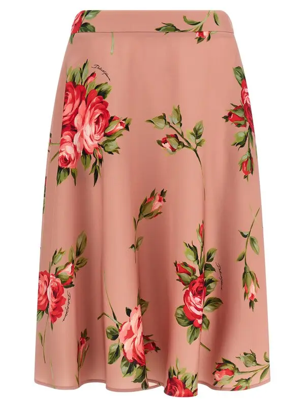 Dolce & Gabbana Bouquet Rose Print Silk Midi Skirt - Pink